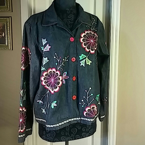 Units | Jackets & Coats | Units Black Jean Jacket Embroidery Beading 46 ...